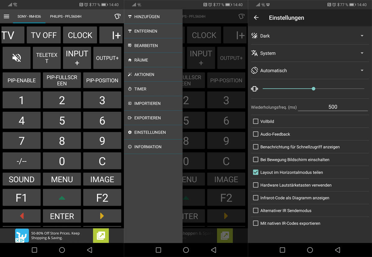 irplus: Umfangreiche Infrarot Fernbedienungs-App für Android
